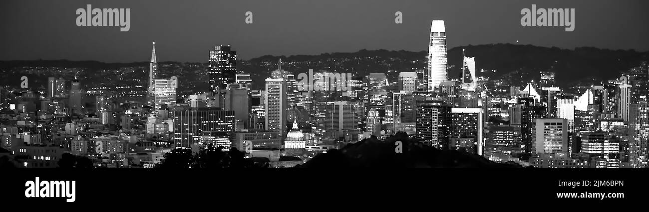 A greyscale panoramic San Francisco skyline at night Stock Photo - Alamy