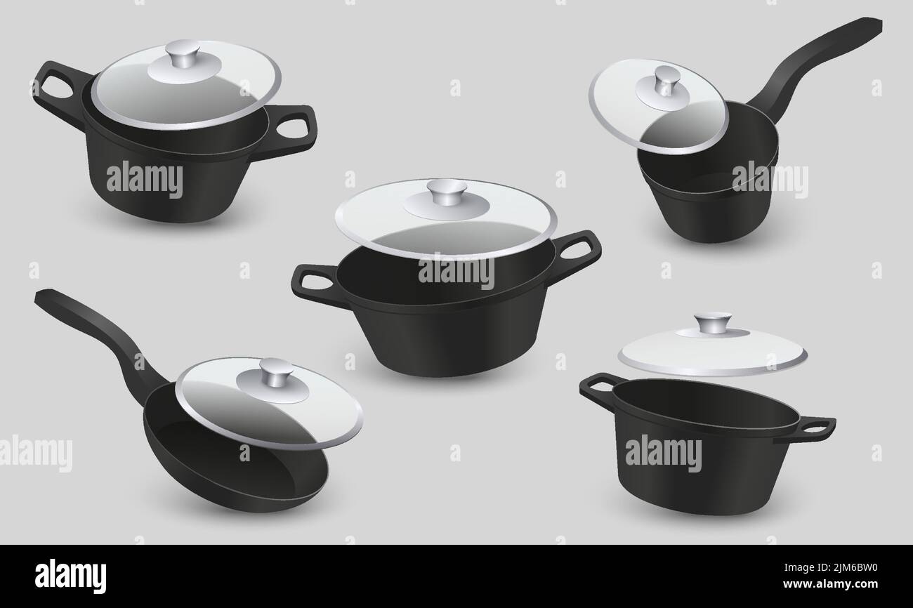 Kitchen cast iron pot and pan realistic vector set. Cookware utensils ...