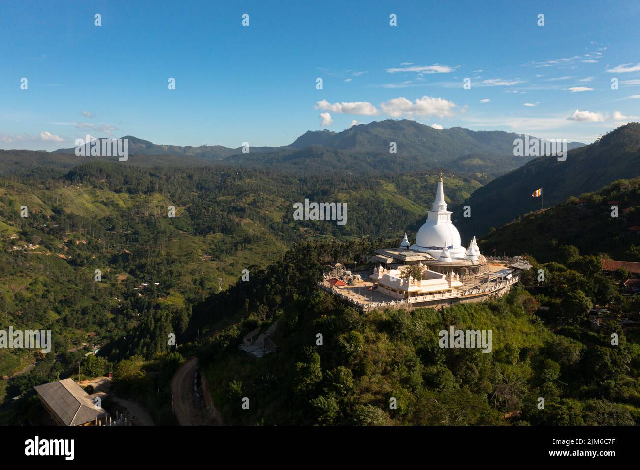 Aerial drone of Mahamevnawa Buddhist Monastery temple in the mountain ...