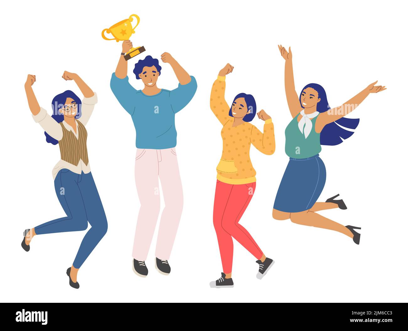 Winners team vector. Happy business employee receive gold trophy goblet ...