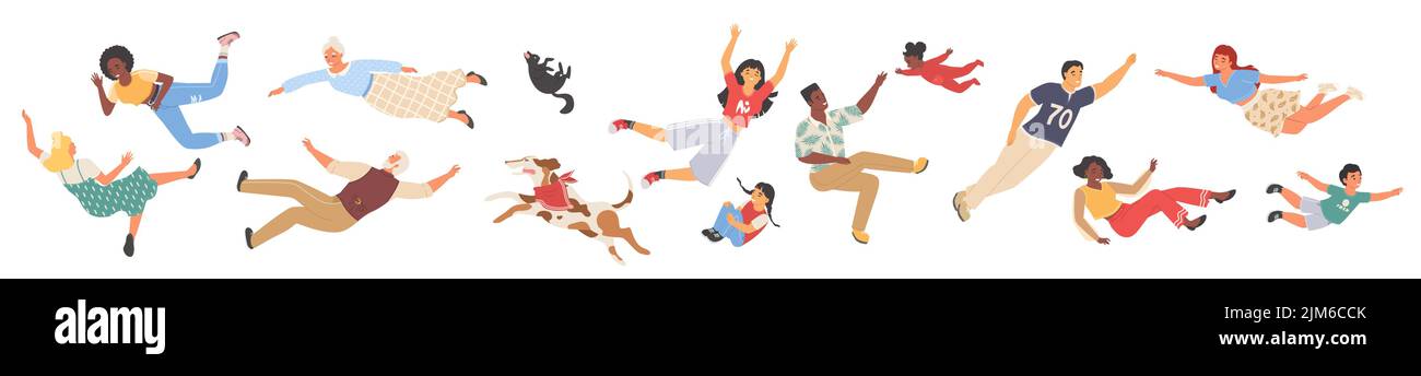Flying people vector. Man and woman person floating in air. Hovering ...