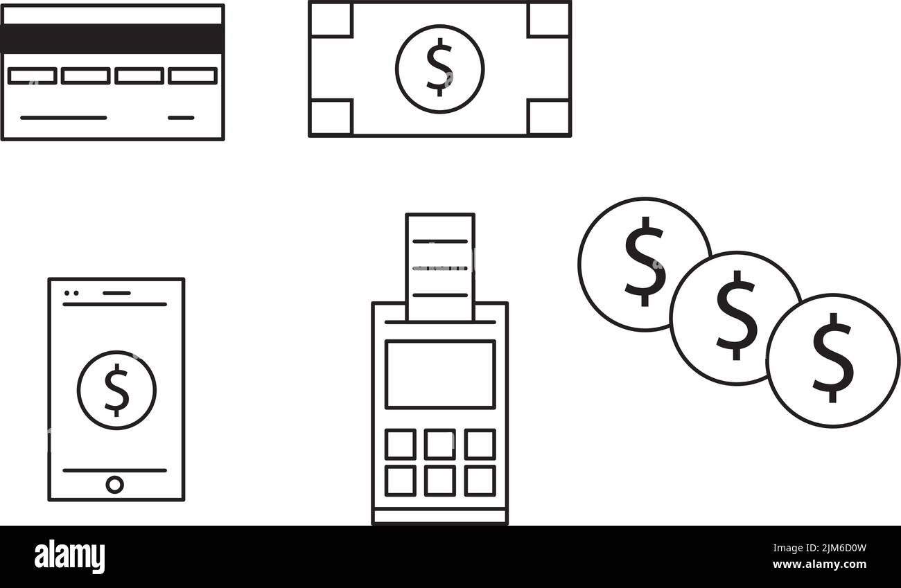 Drawing of payment methods in black lines on a white background Stock ...