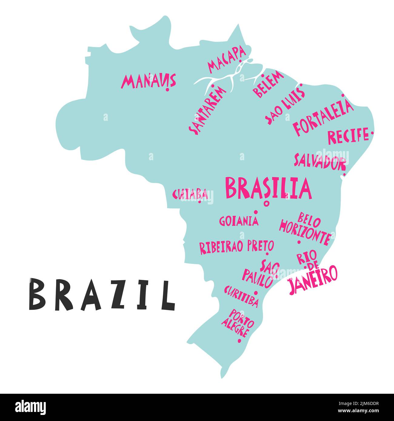 Vector hand drawn stylized map of Brazil cities. South America map ...