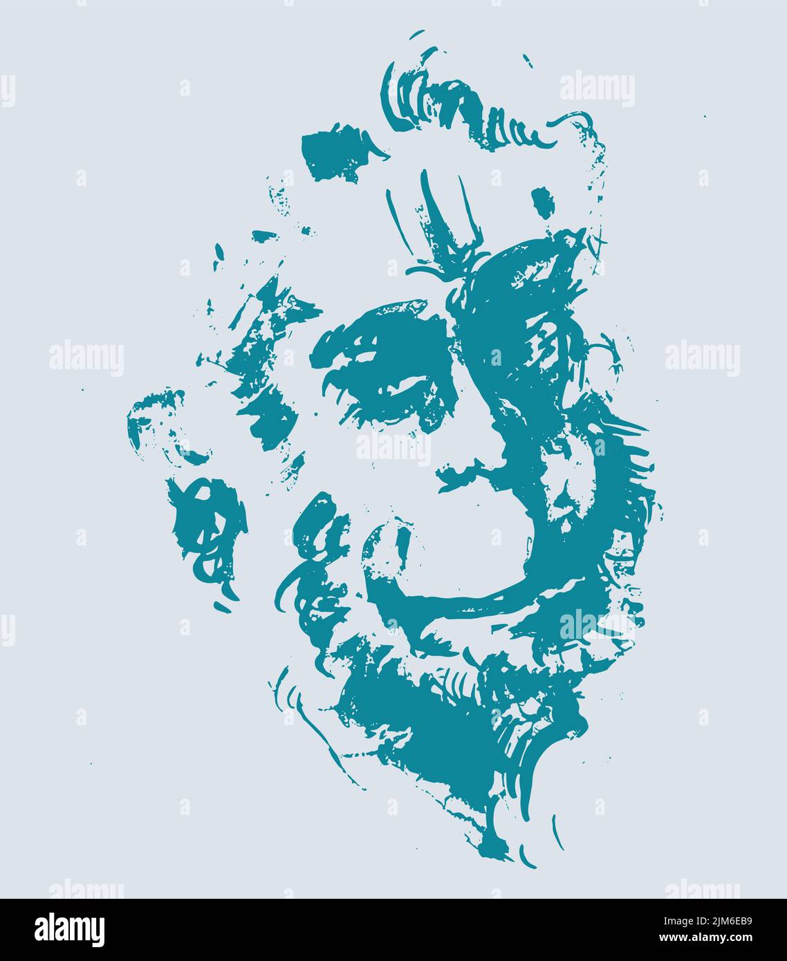 A vector of the Hindu god Lord Hanuman sketched smiling on a blue ...