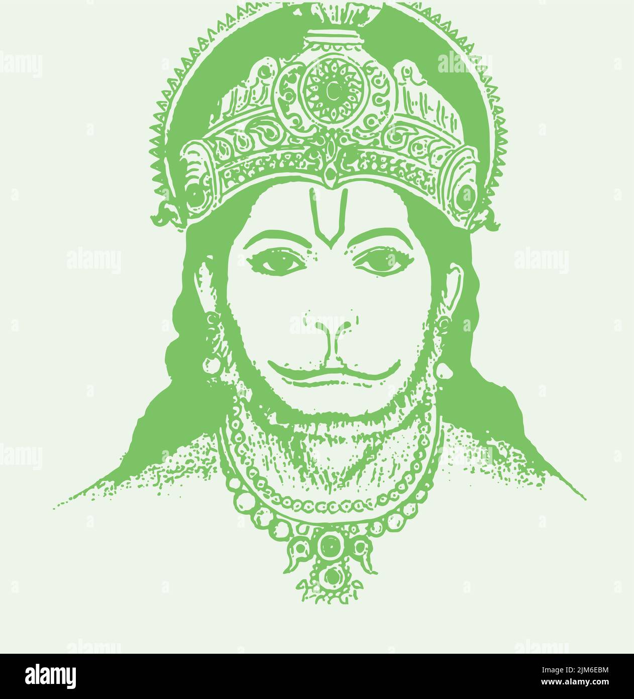 A vector-illustrated portrait of Hanuman Indian god in green tones ...