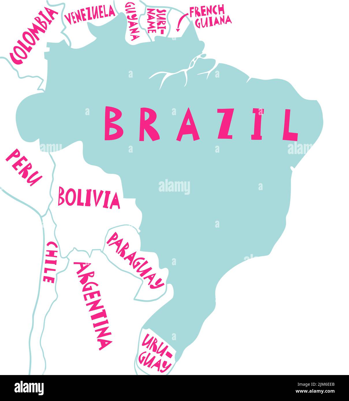 Vector hand drawn stylized map of Brazil And Neighboring Countries ...