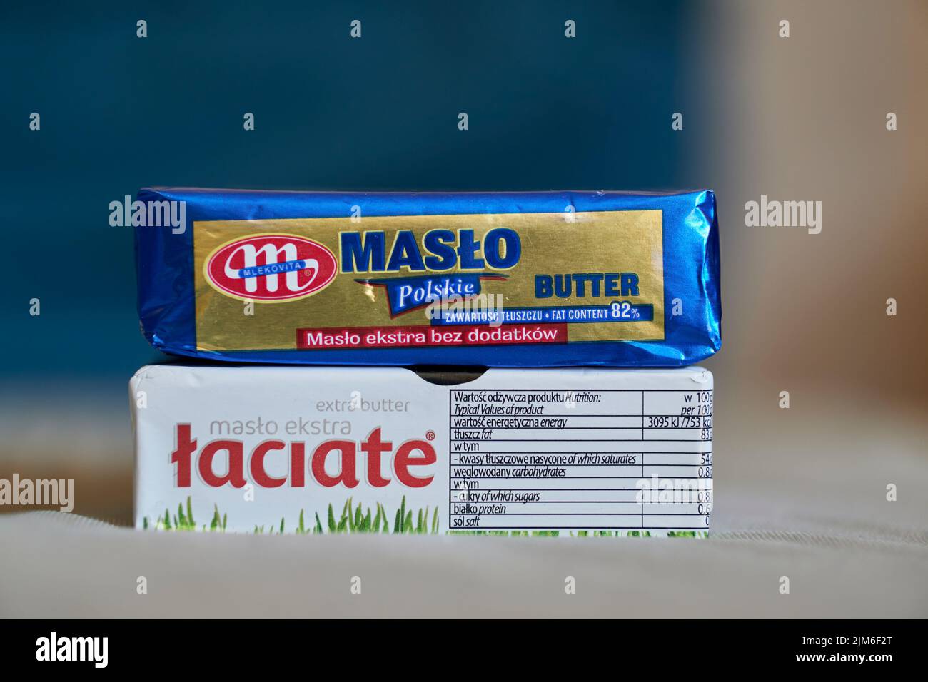 The Polish Mlekovita and Laciate brand butter with blue and white ...