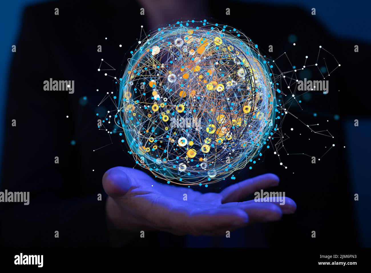 A hologram of a 3D rendered ball with some technology networks symbol ...