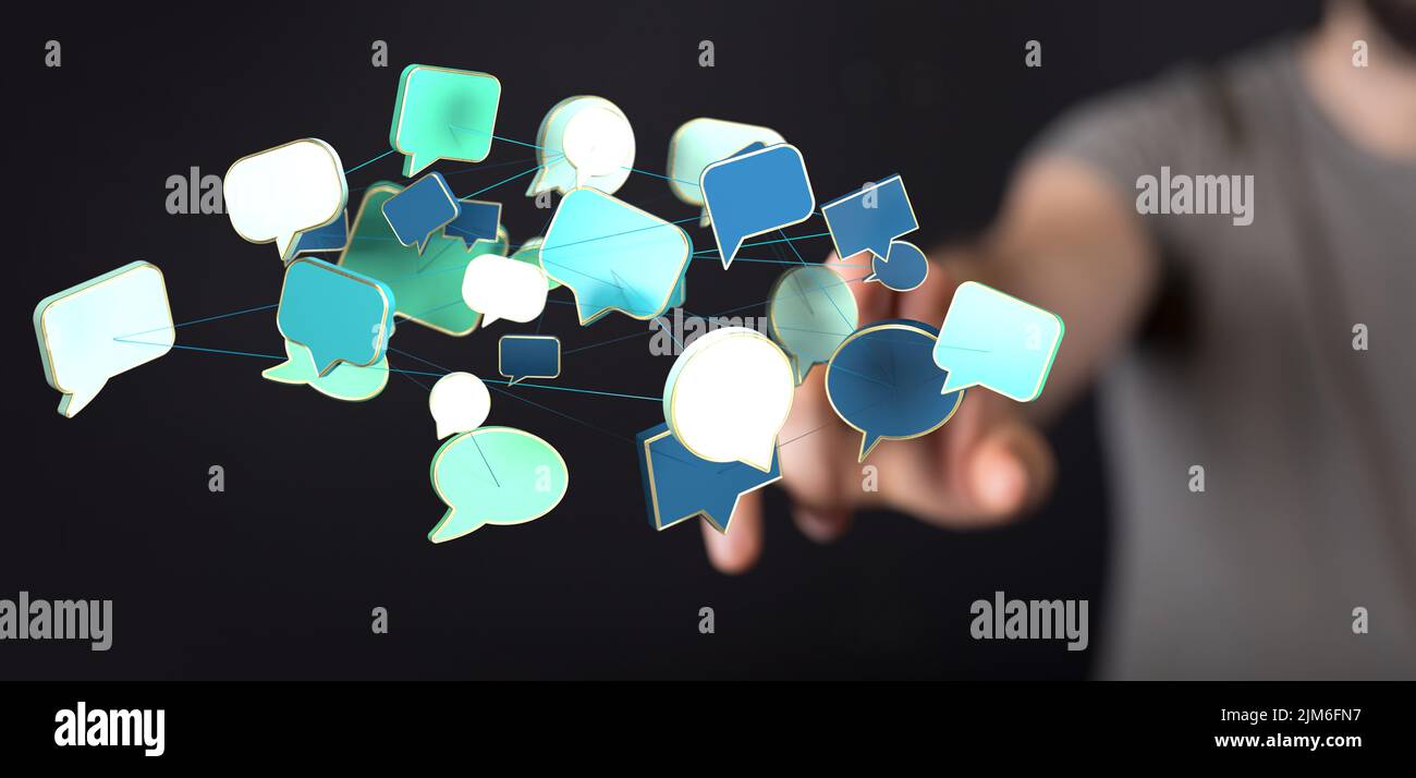 A hologram of a 3D rendered messages symbols with a person behind ...