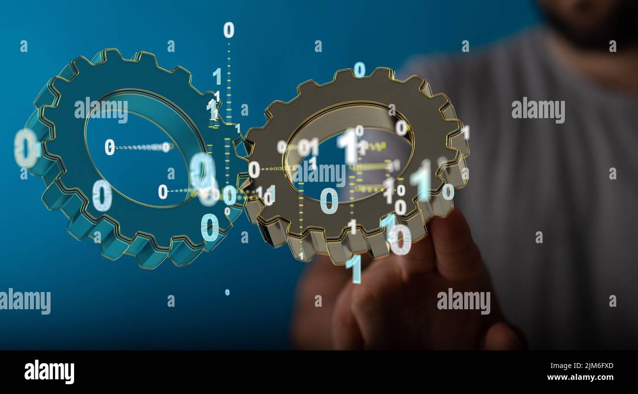 The hologram of 3D rendered futuristic cogs concept with codes and ...