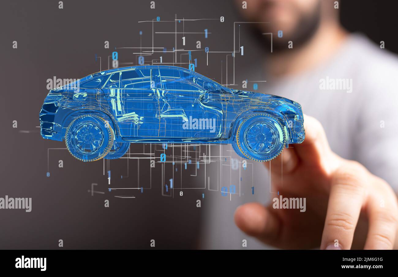 The Hologram of a 3D rendered futuristic car concept with a person ...