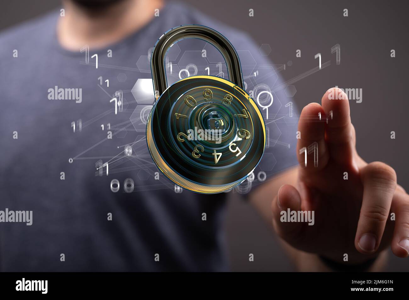 A hologram of a 3D rendered lock symbol with a person behind explaining ...