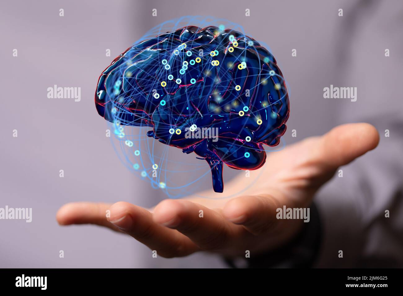 A hologram of a 3D rendered brain symbol with a person behind explaining artificial intelligent ...