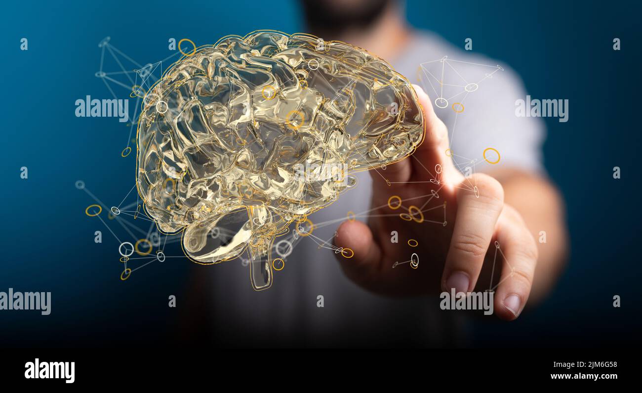 A hologram of a 3D rendered brain as a concept with a person behind ...