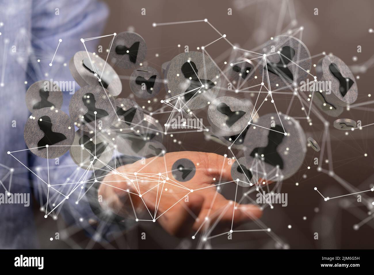 A hologram of a 3D rendered connections with a person behind explaining ...