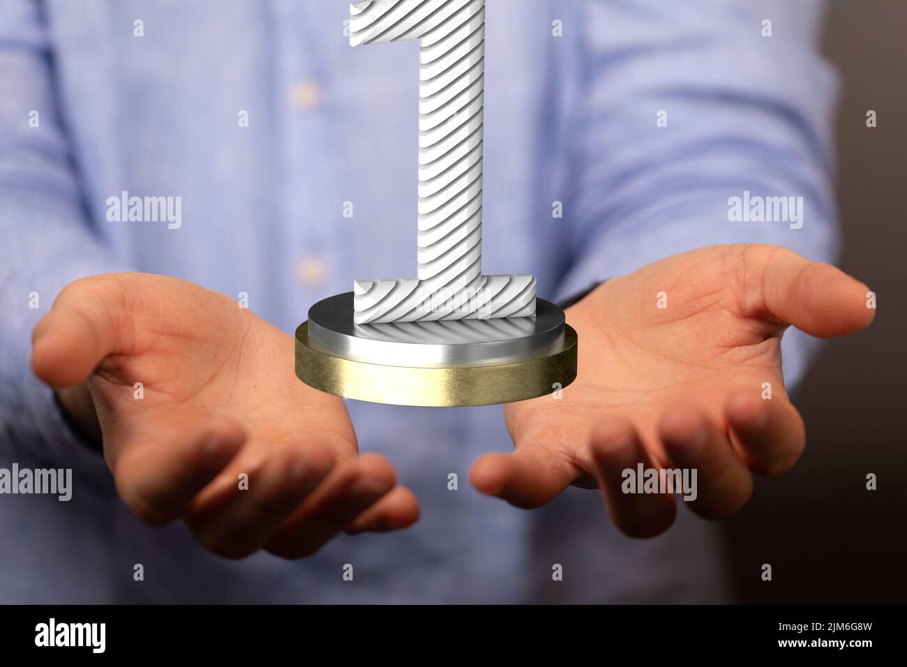A 3d rendering of a 1st prize over a blurry background of a man with ...