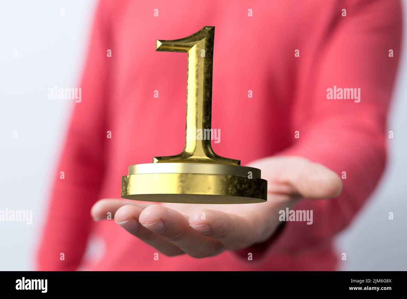 A 3D render of the number 1 on a trophy being manipulated by a person ...