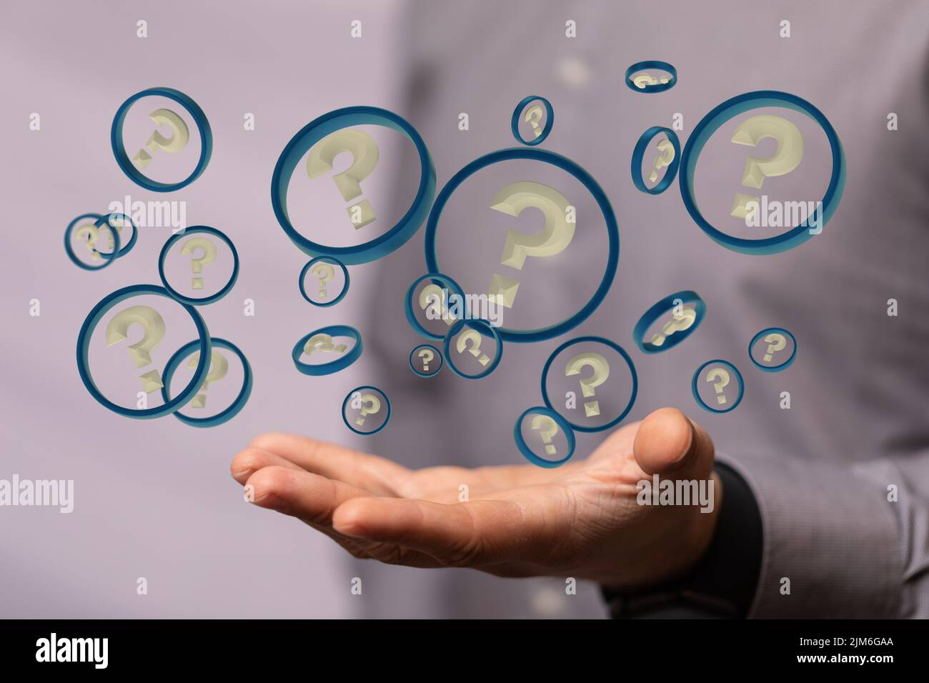 A 3D render of questions marks floating and being manipulated in a ...