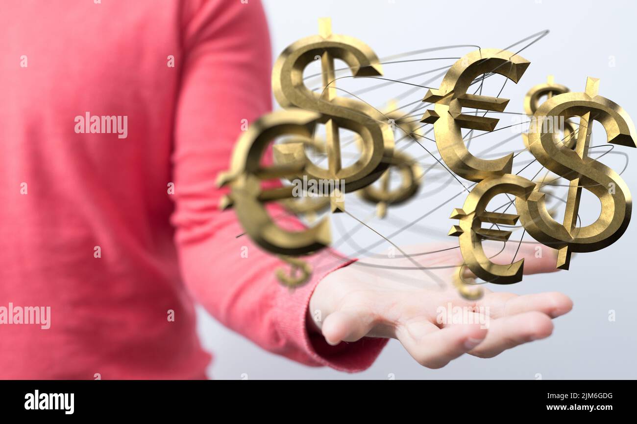 A 3d rendering of dollar and euro symbols floating over human hand ...