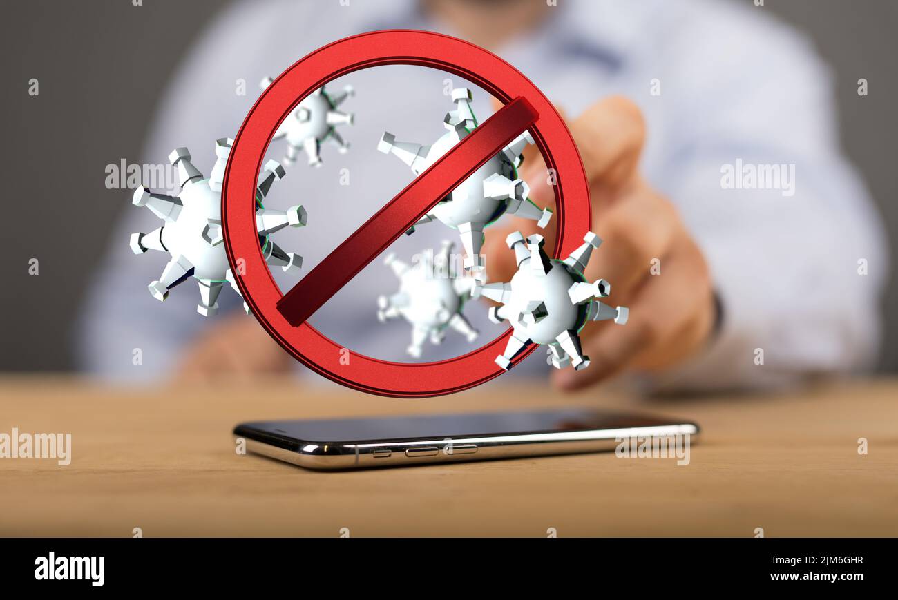 A 3D render of a red warning sign for a virus with a blurry background ...