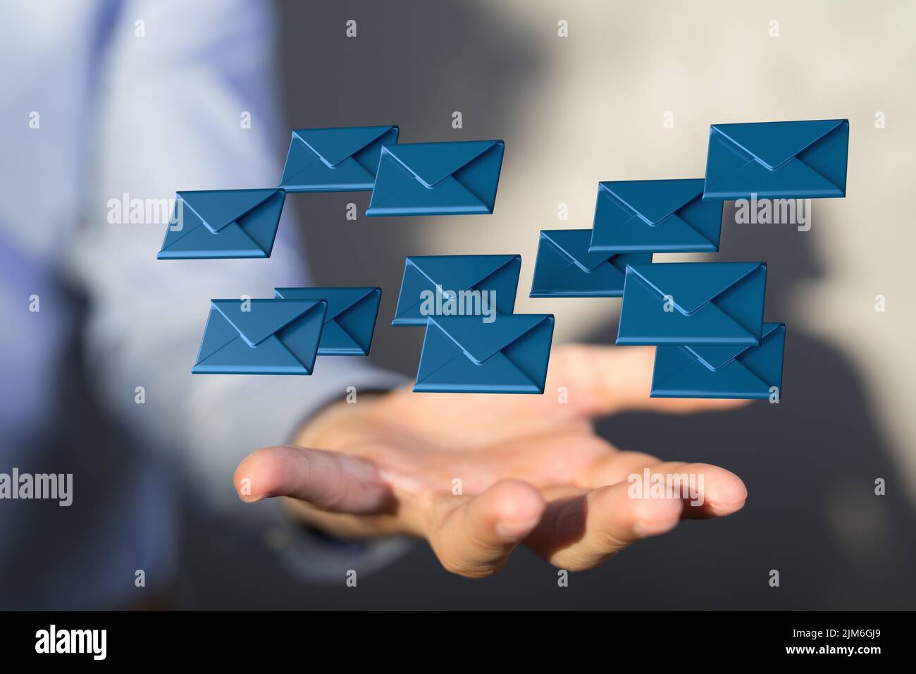 A 3D render of an email symbol and Network Communications with male ...