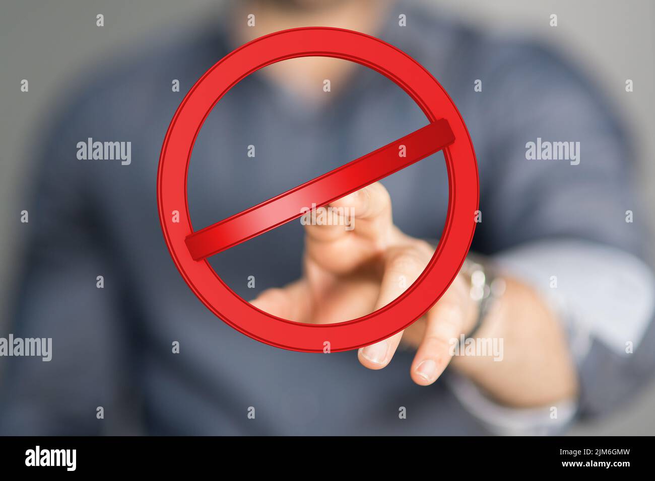 A 3D render of a red warning sign and a male pointing on a blurry ...