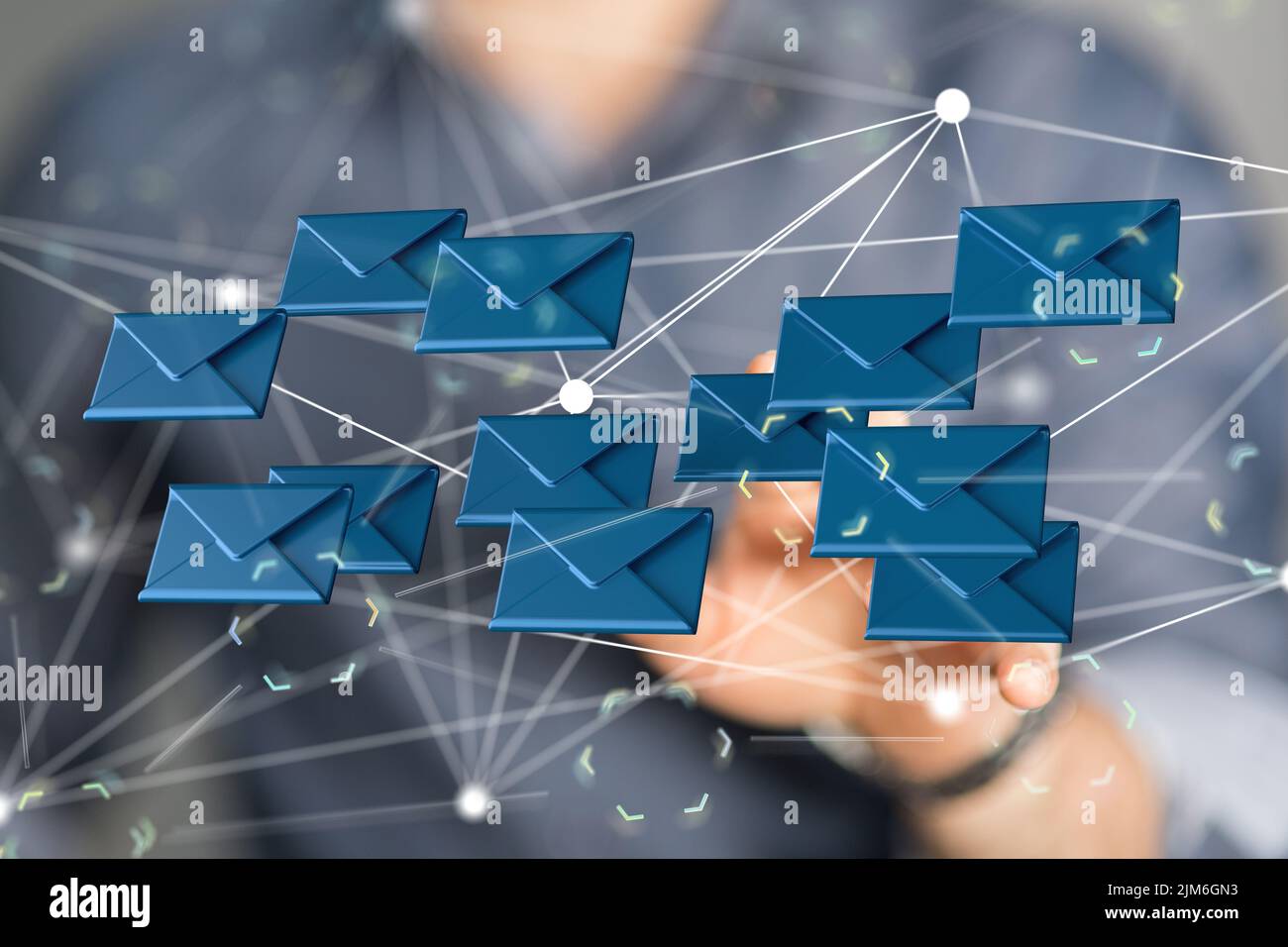 A 3D render of an email symbol and Network Communications with male ...