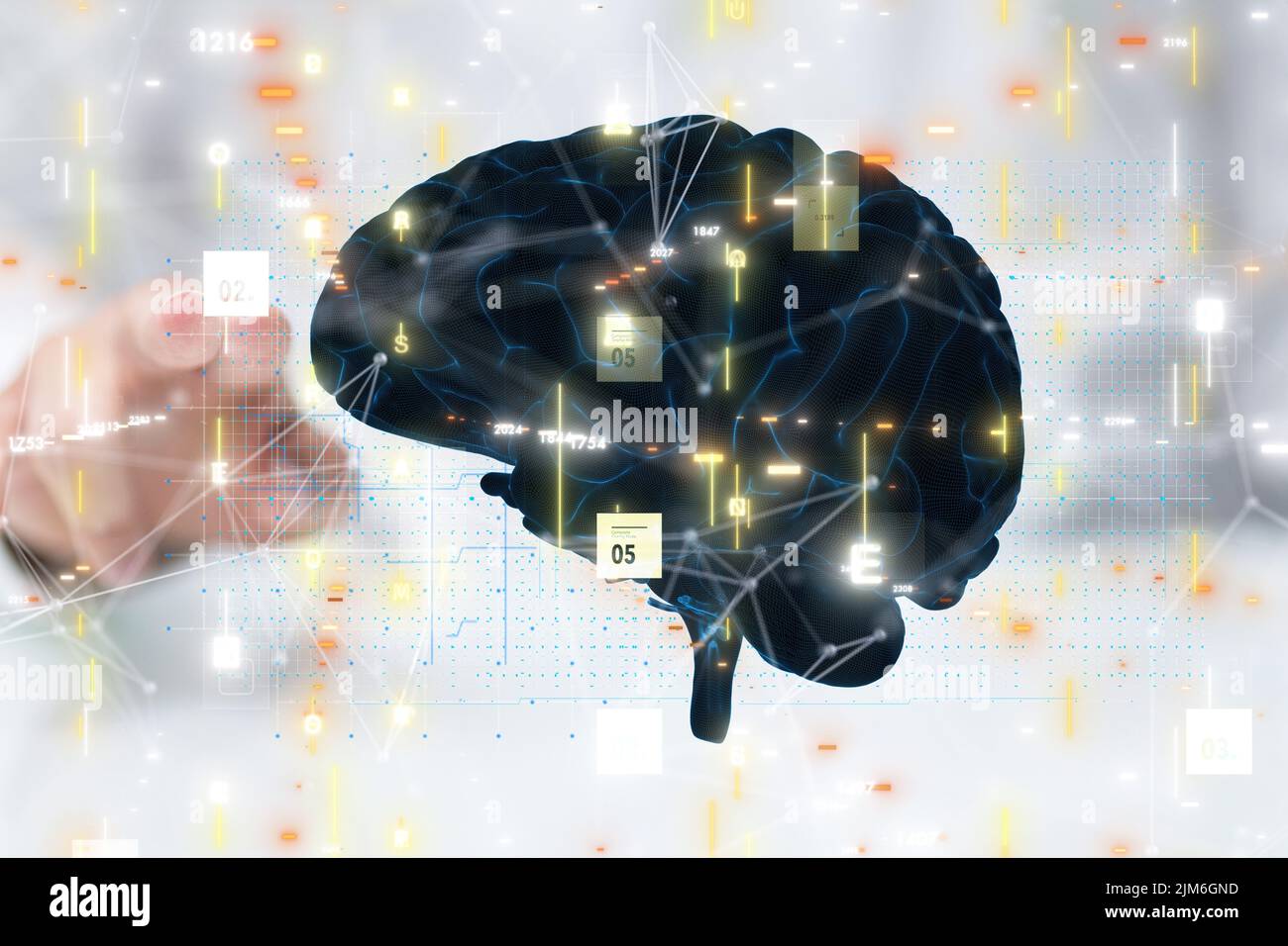 A 3D render of a human brain floating and being manipulated by a person ...