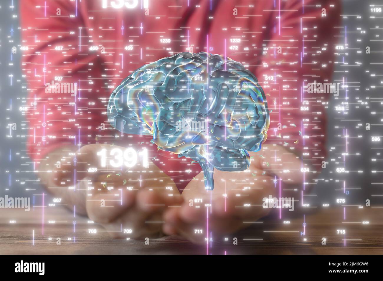 A 3D render of a human brain floating in the palm of a person in a ...