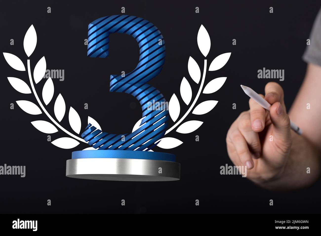A 3D render of the number 3 on a trophy being manipulated by a person ...