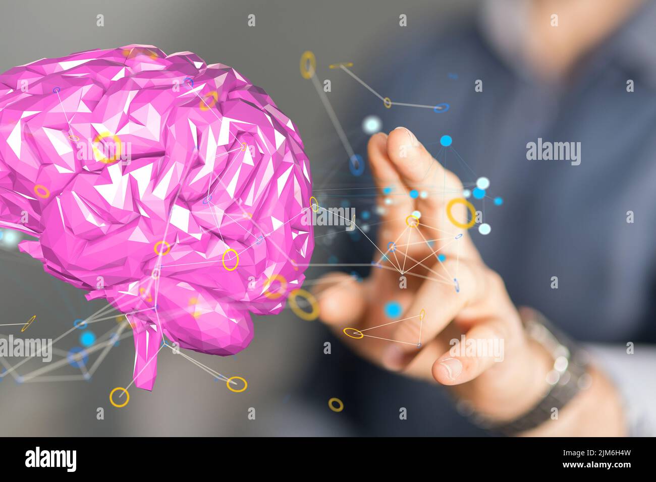 A 3D render of a human brain floating and being manipulated in a ...