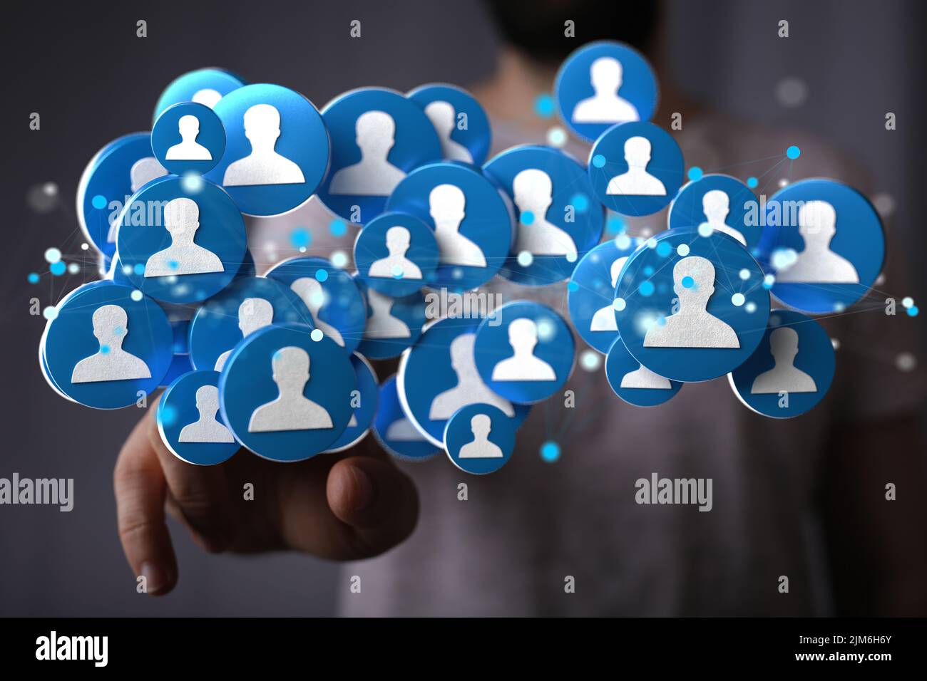 A blurred male clicking on teamwork network signs, the concept of a ...