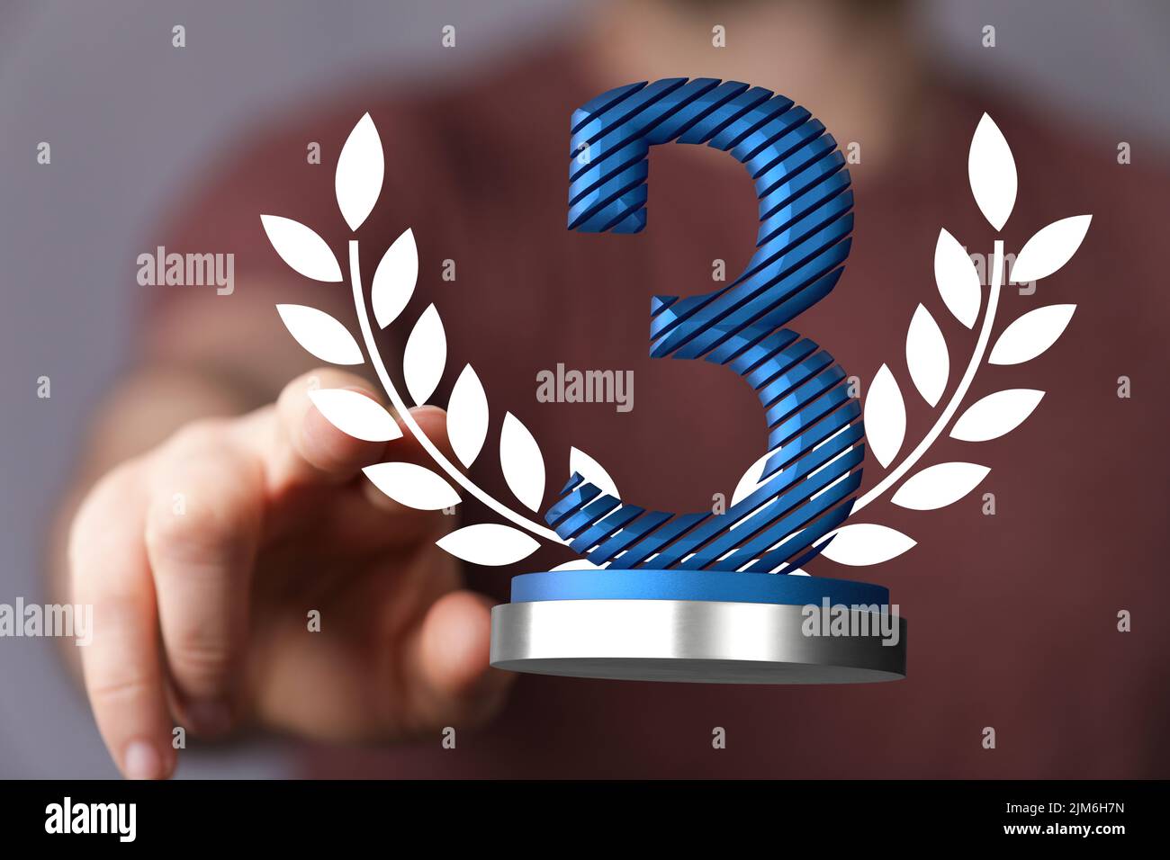 A 3D render of the number 3 on a trophy being manipulated by a person ...