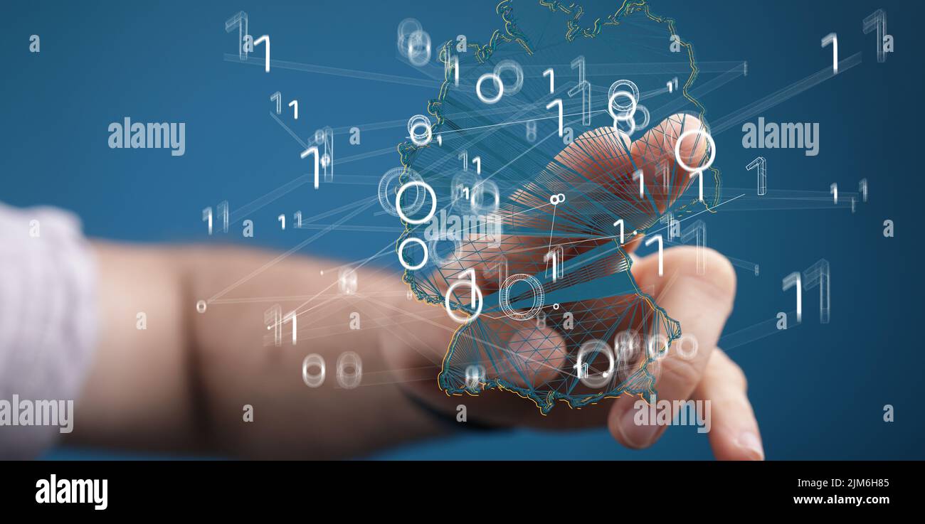 A 3D render of the map of Germany and binary codes being manipulated by ...