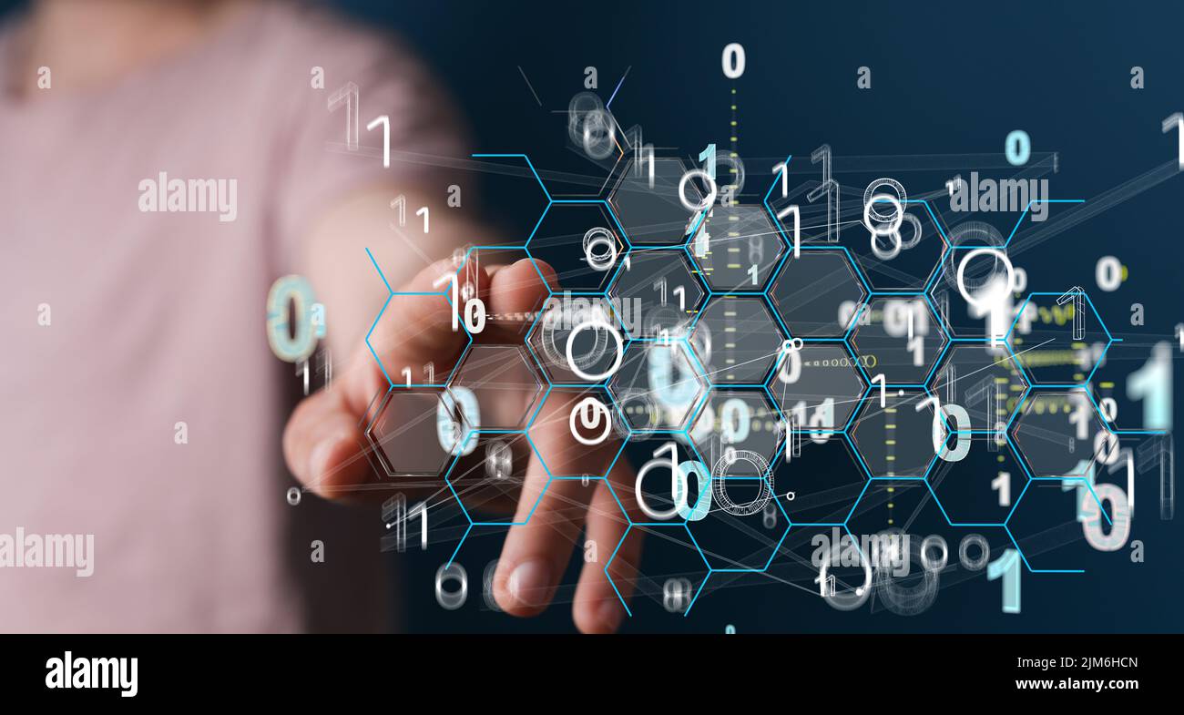 A person tapping on a floating digital render of a binary code network Stock Photo - Alamy