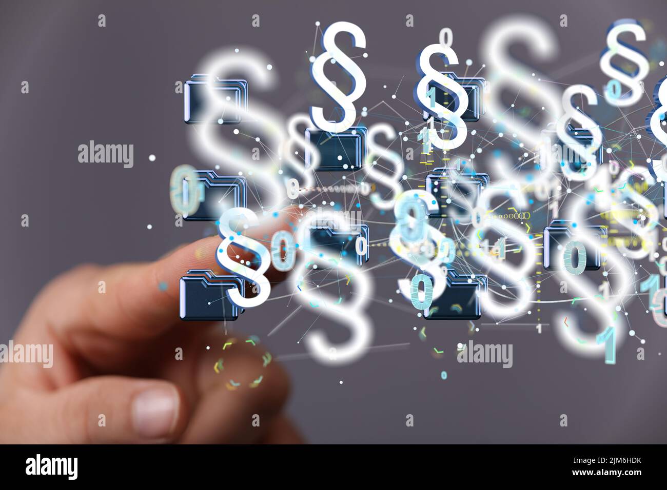 A finger selecting from a digital floating render of a network of law ...