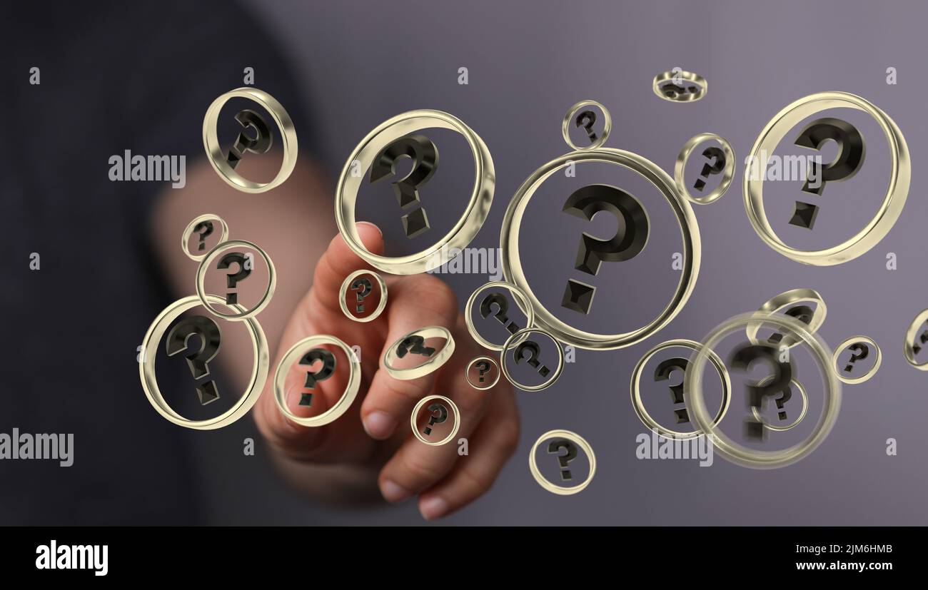 A hand tapping on a floating render of a digital network of question ...