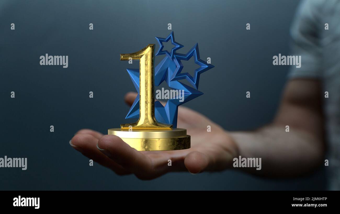 A person holding a digital render of a gold first place trophy Stock ...