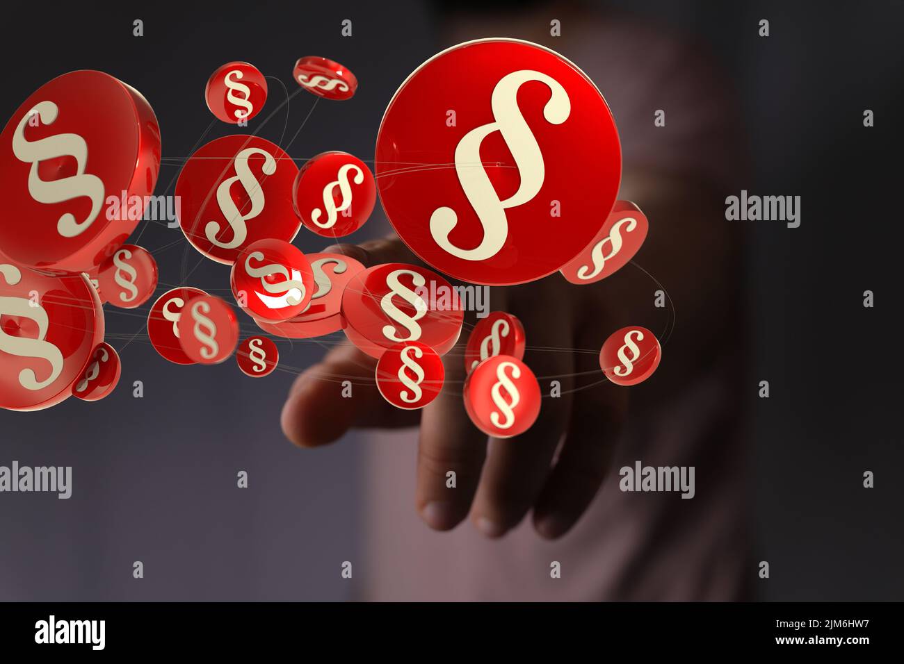 A person tapping on a floating digital render of a network of red law ...
