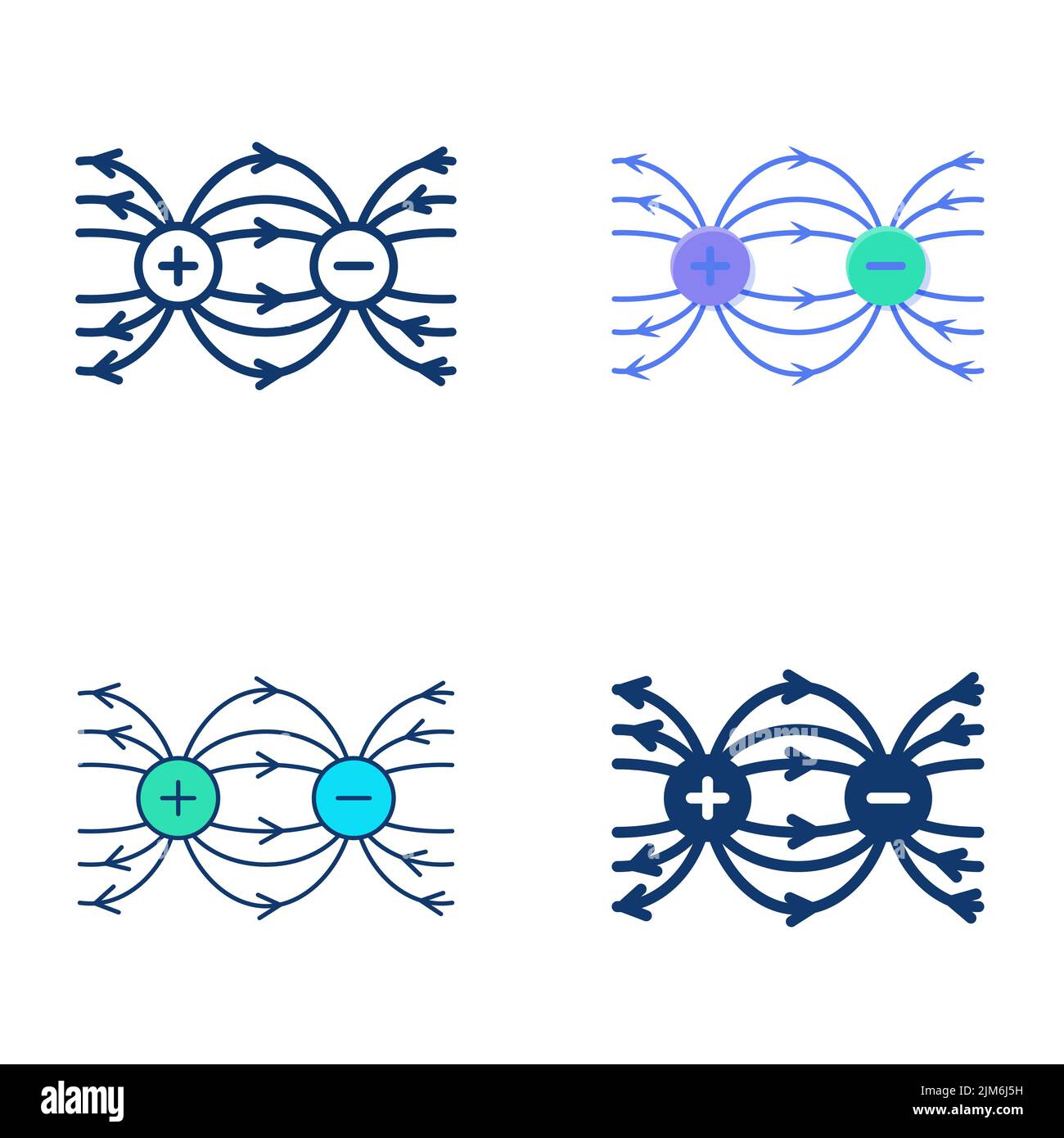 Electric dipole moment icon set in flat and line style. Law of physics symbol. Positive and ...