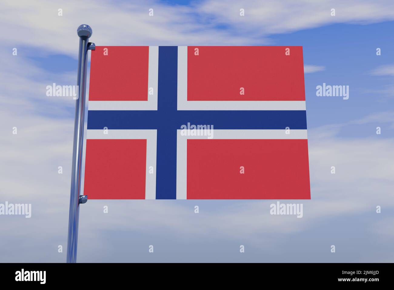 A 3D illustration of the flag of Svalbard and Jan Mayen with a chrome ...