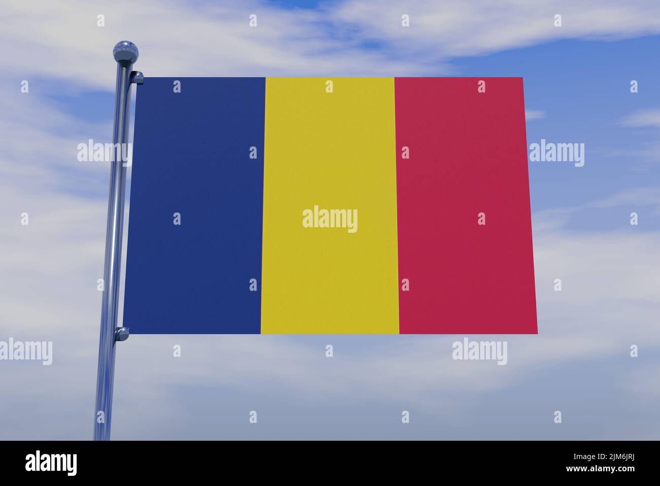 A 3D illustration of the flag of Chad with a chrome flag pole with snap ...
