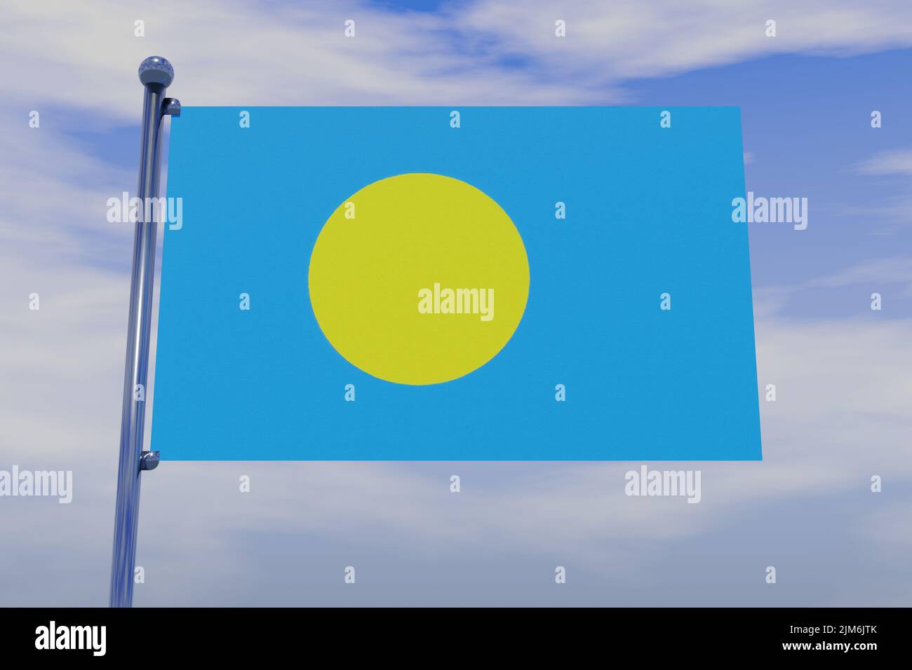 A 3D illustration of the flag of Palau with a chrome flag pole in the blue sky Stock Photo - Alamy