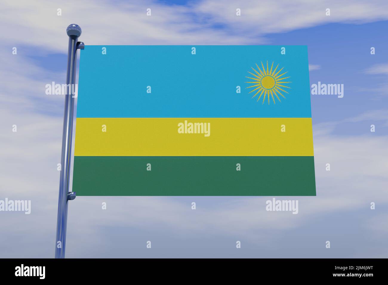 A 3D illustration of the flag of Rwanda with a chrome flag pole in the blue sky Stock Photo - Alamy