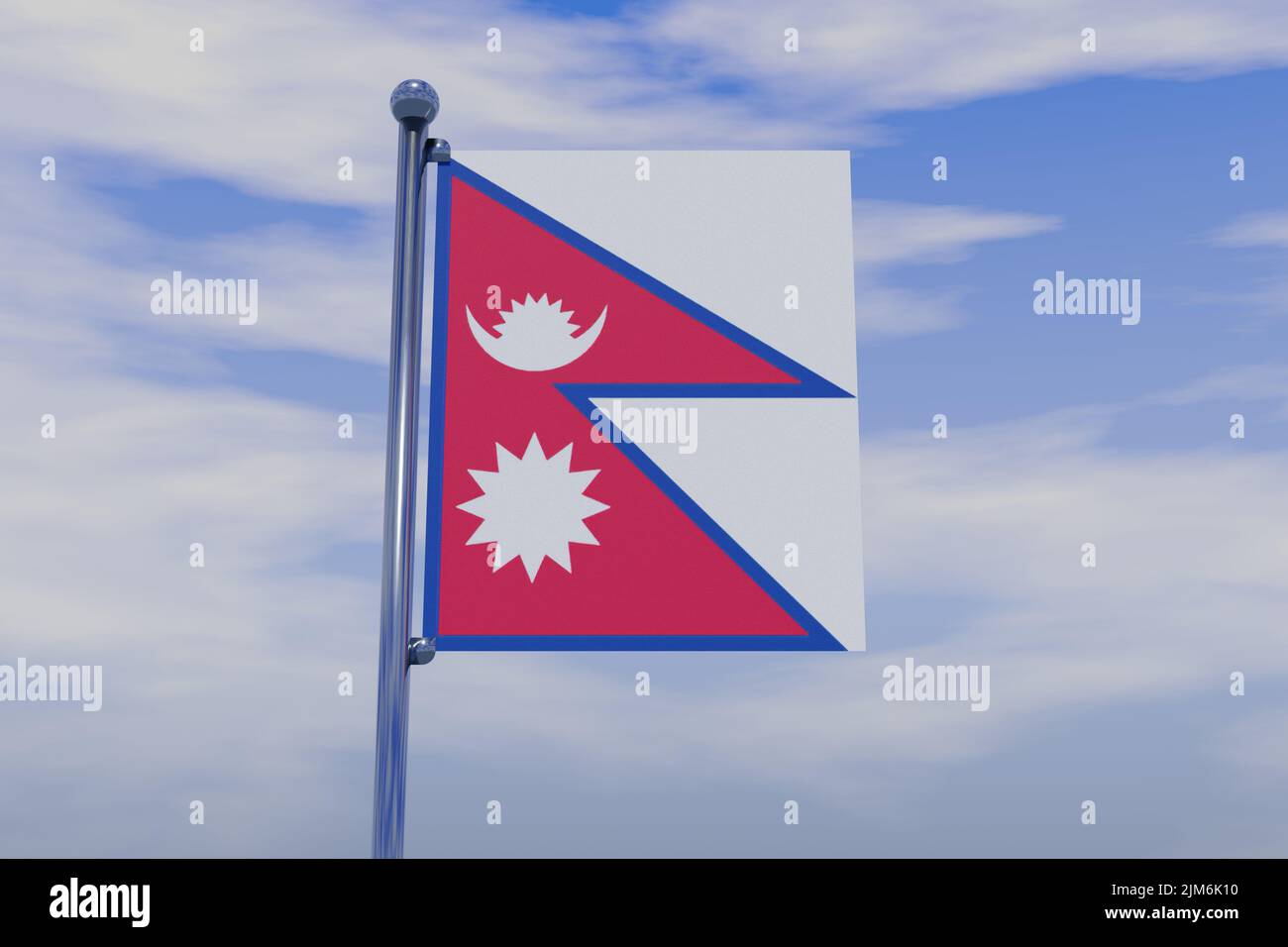 A 3D illustration of the flag of Nepal with a chrome flag pole in the ...