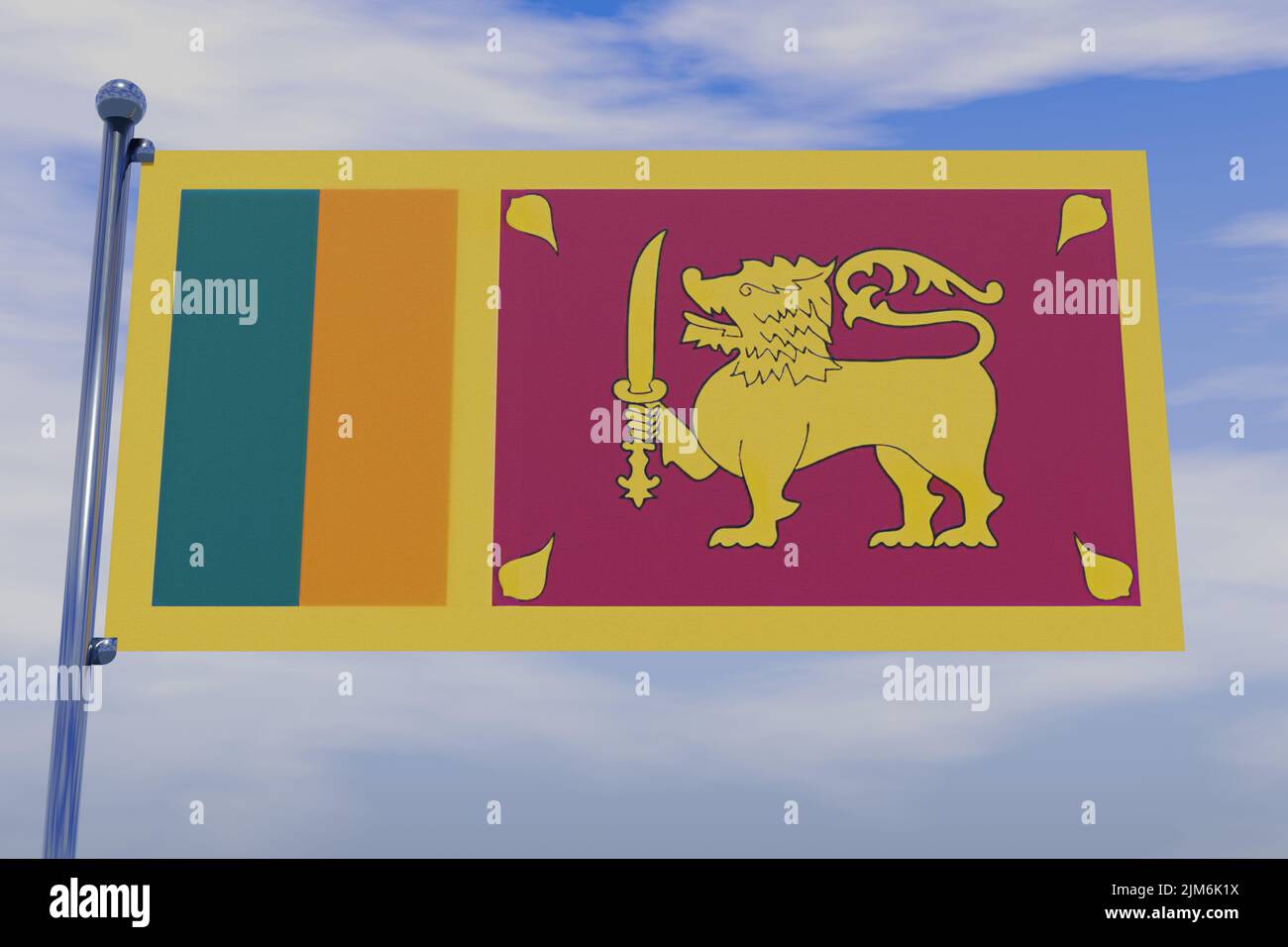 A 3D illustration of the flag of Sri Lanka with a chrome flag pole in ...