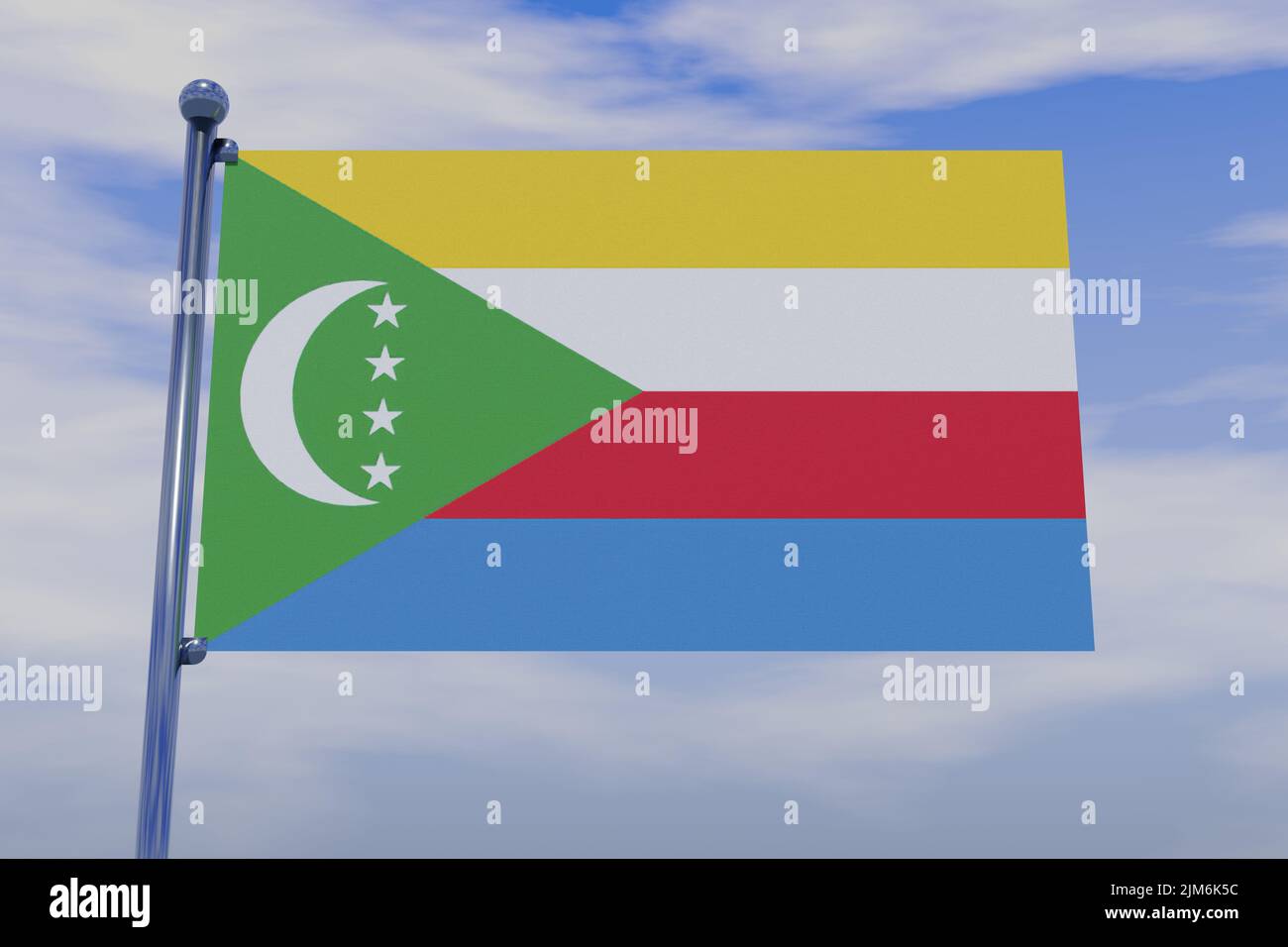 A 3D illustration of the flag of Comoros with a chrome flag pole with ...