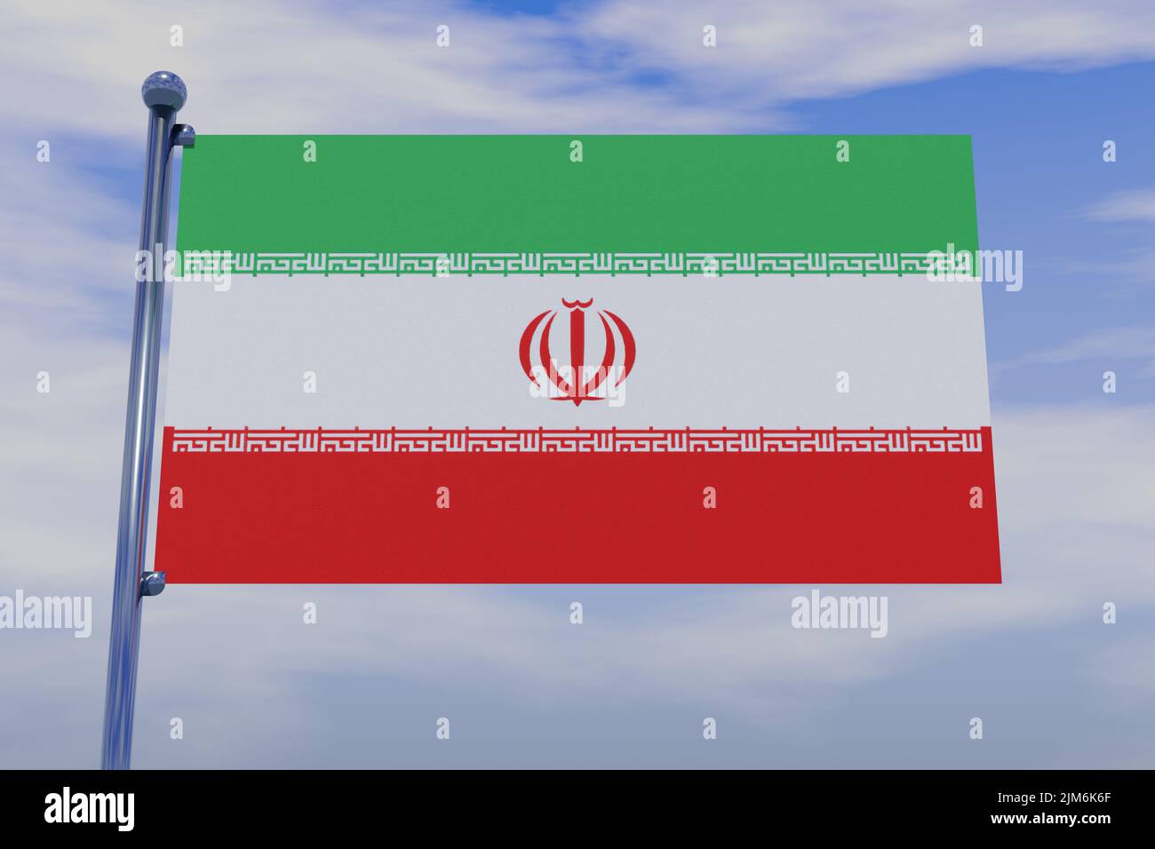 A 3D illustration of the flag of Iran with a chrome flag pole with snap ...