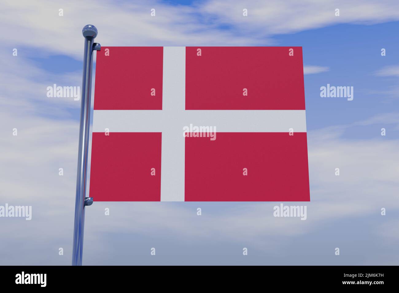 A 3D illustration of the flag of Denmark with a chrome flag pole with ...