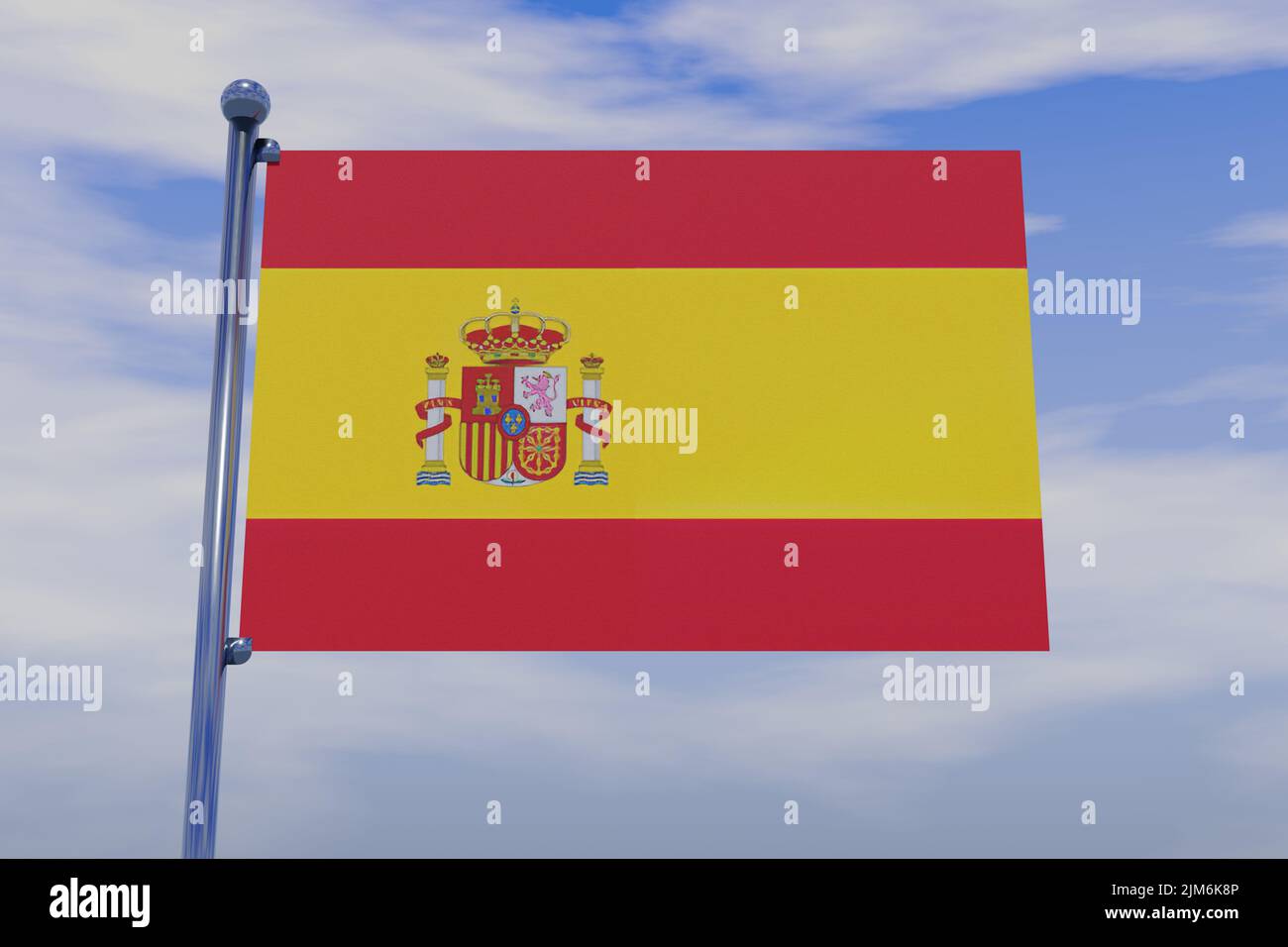 A 3D illustration of the flag of Spain with a chrome flag pole with ...